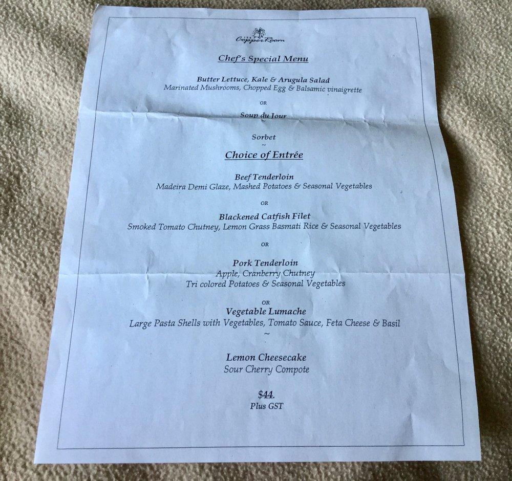 Menu at The Copper Room restaurant, Harrison Hot Springs
