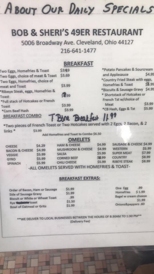 Menu at Bob & Sheri’s Forty Niner Restaurant, Cleveland