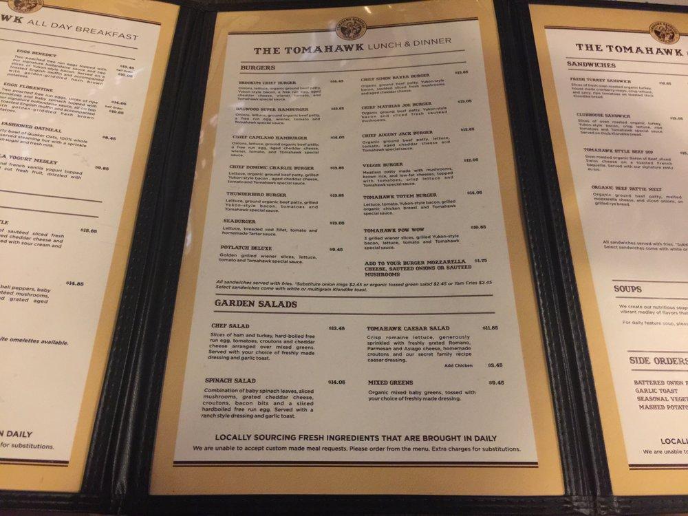 Carta de Tomahawk Restaurant, North Vancouver