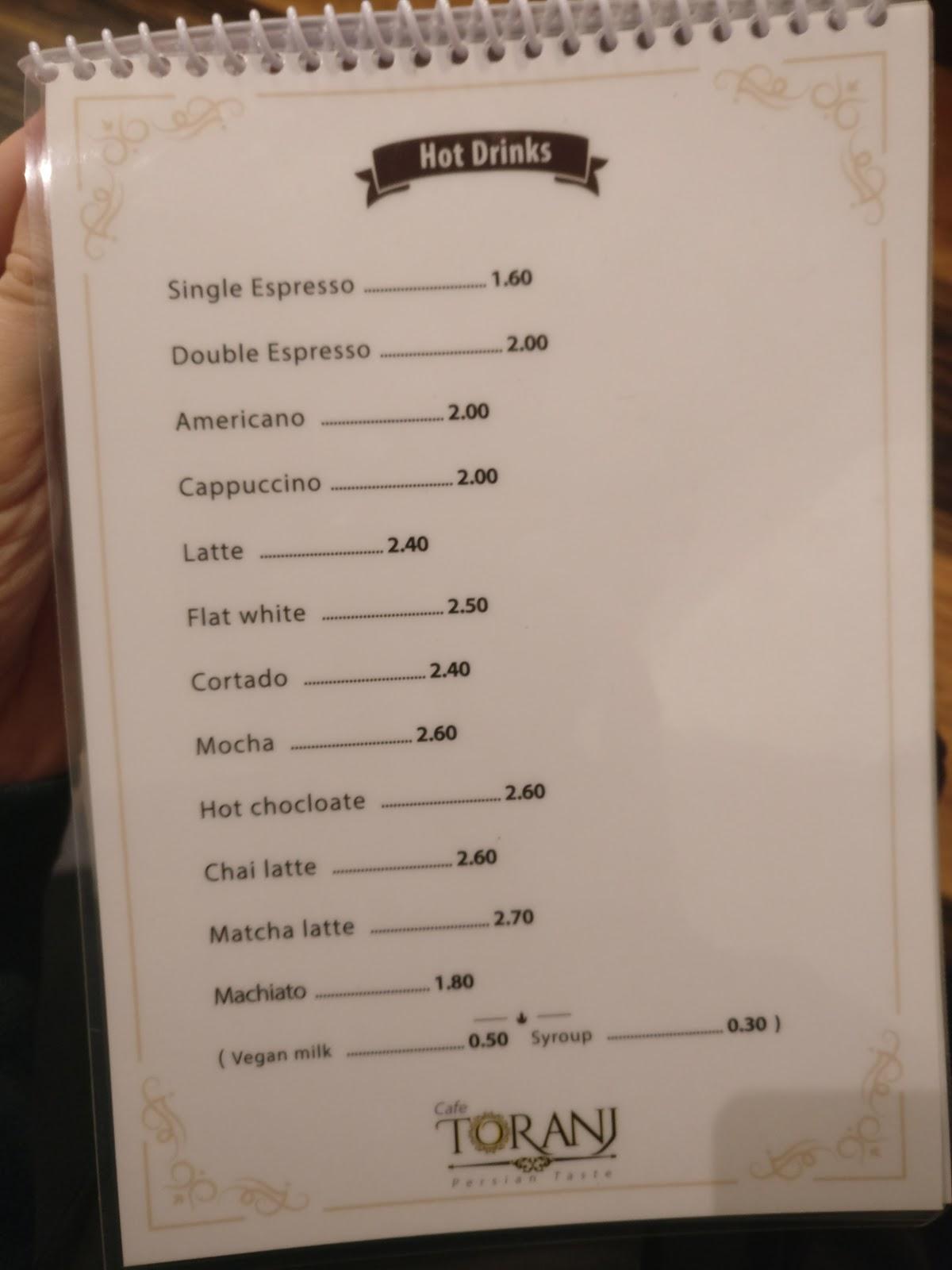 Menu at Toranj cafe, Vilnius