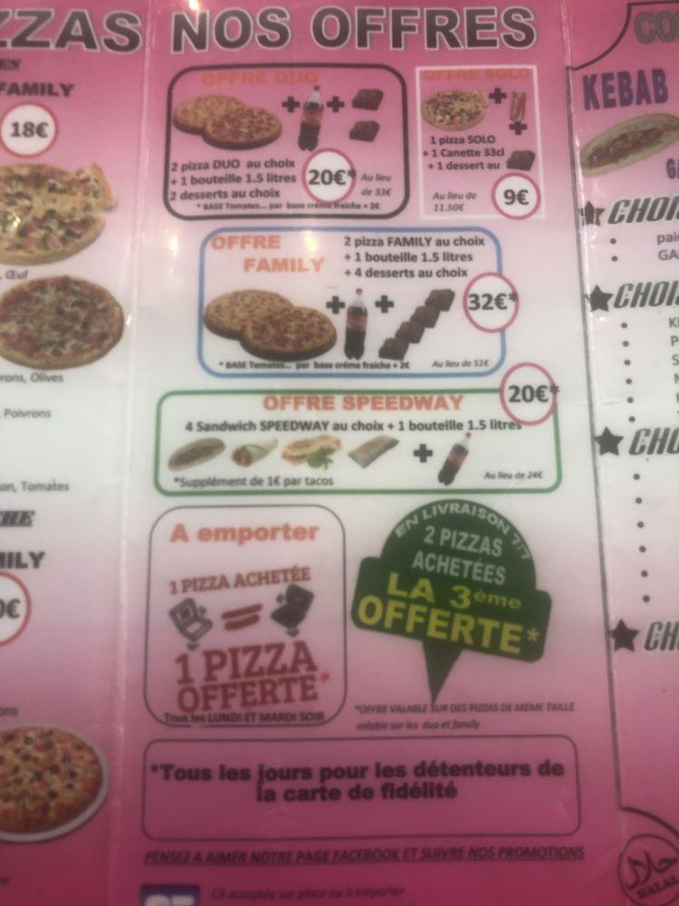 Menu au Le Speedway pizzeria, Alençon