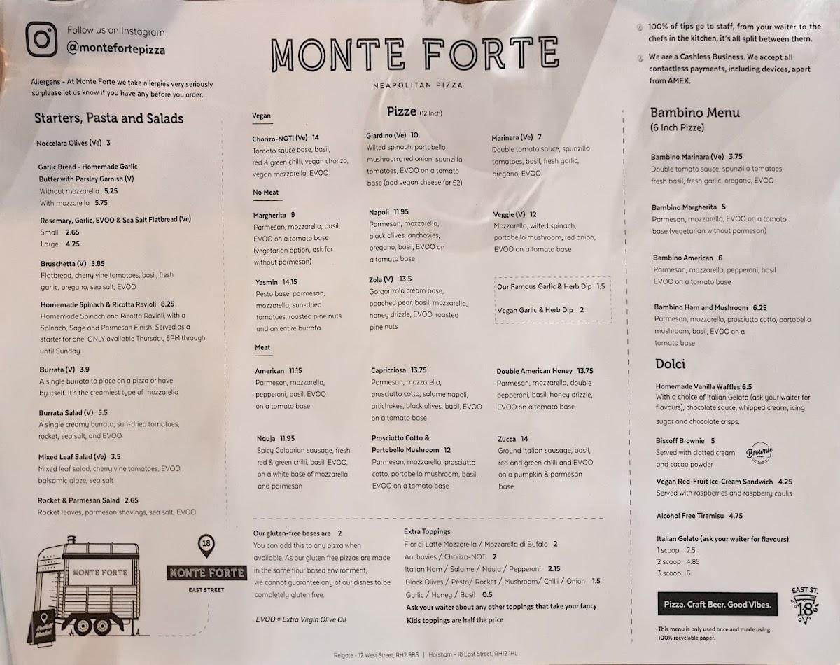 Menu at Monte Forte - Neapolitan Pizza (Horsham) restaurant, Horsham