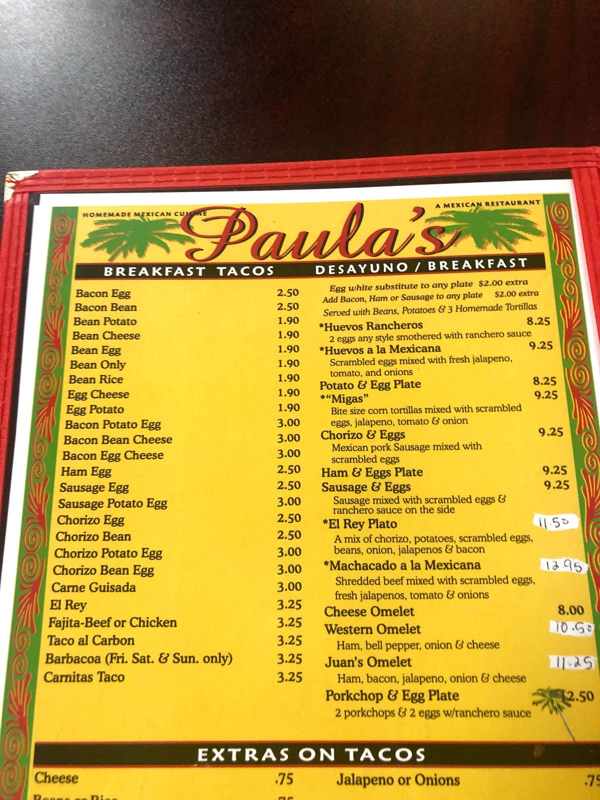 Menu at Paula's restaurant, Arlington
