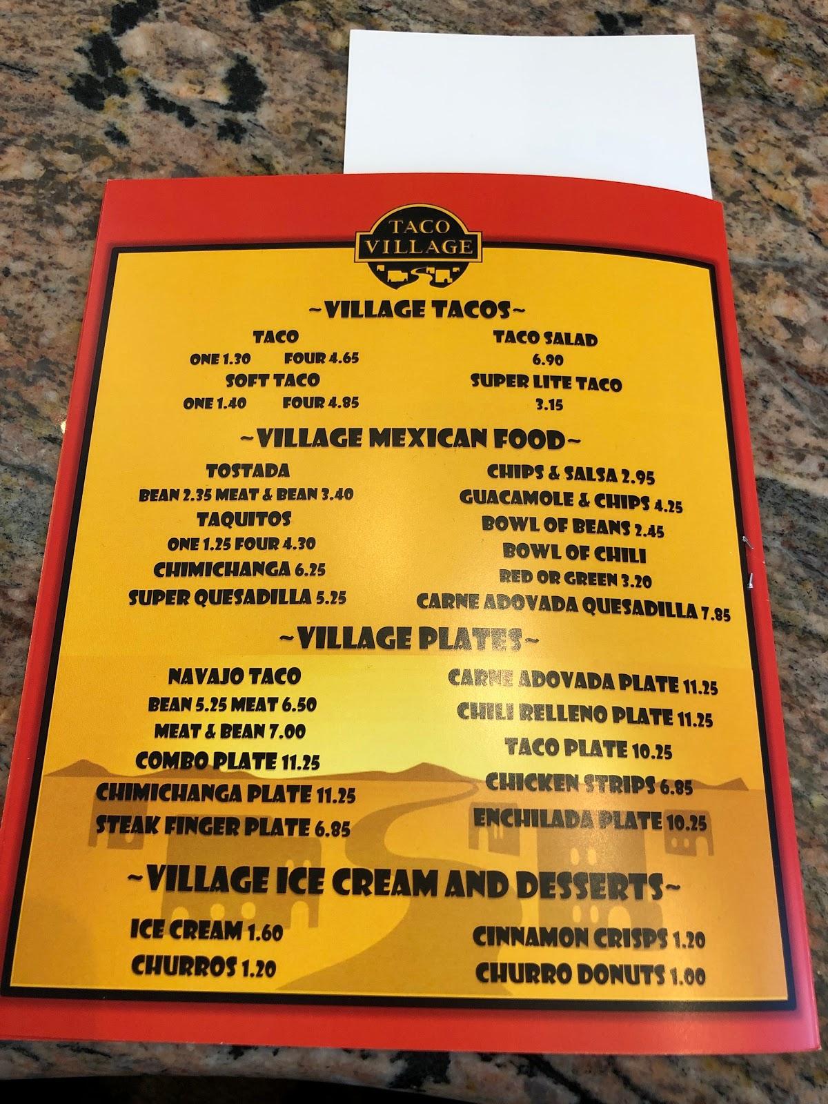 Menu at Taco Village restaurant, Grants, 700 Roosevelt Ave