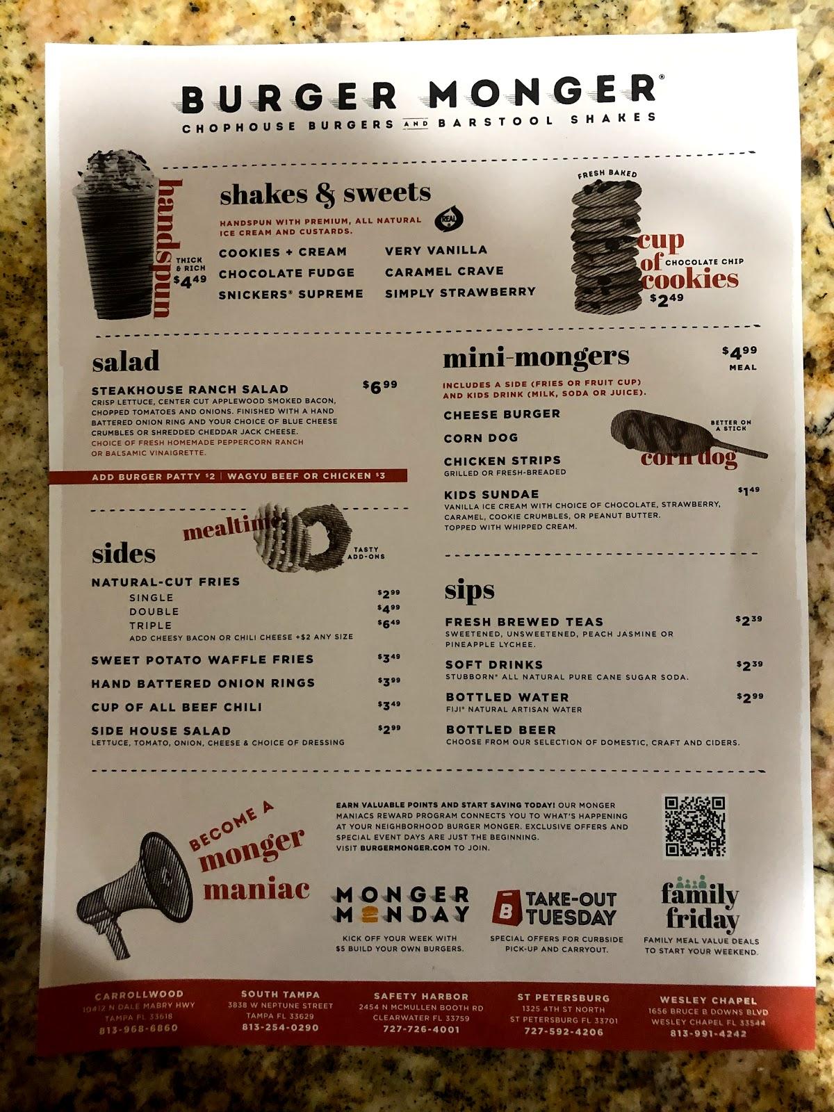 Carta del restaurante Burger Monger, Clearwater
