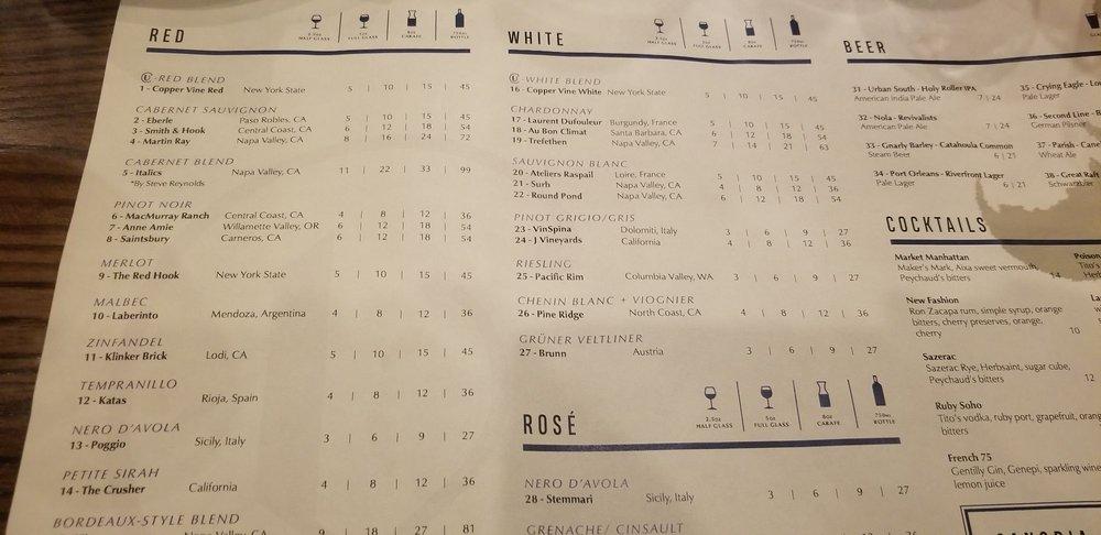 Carta del pub y bar Copper Vine, Nueva Orleans