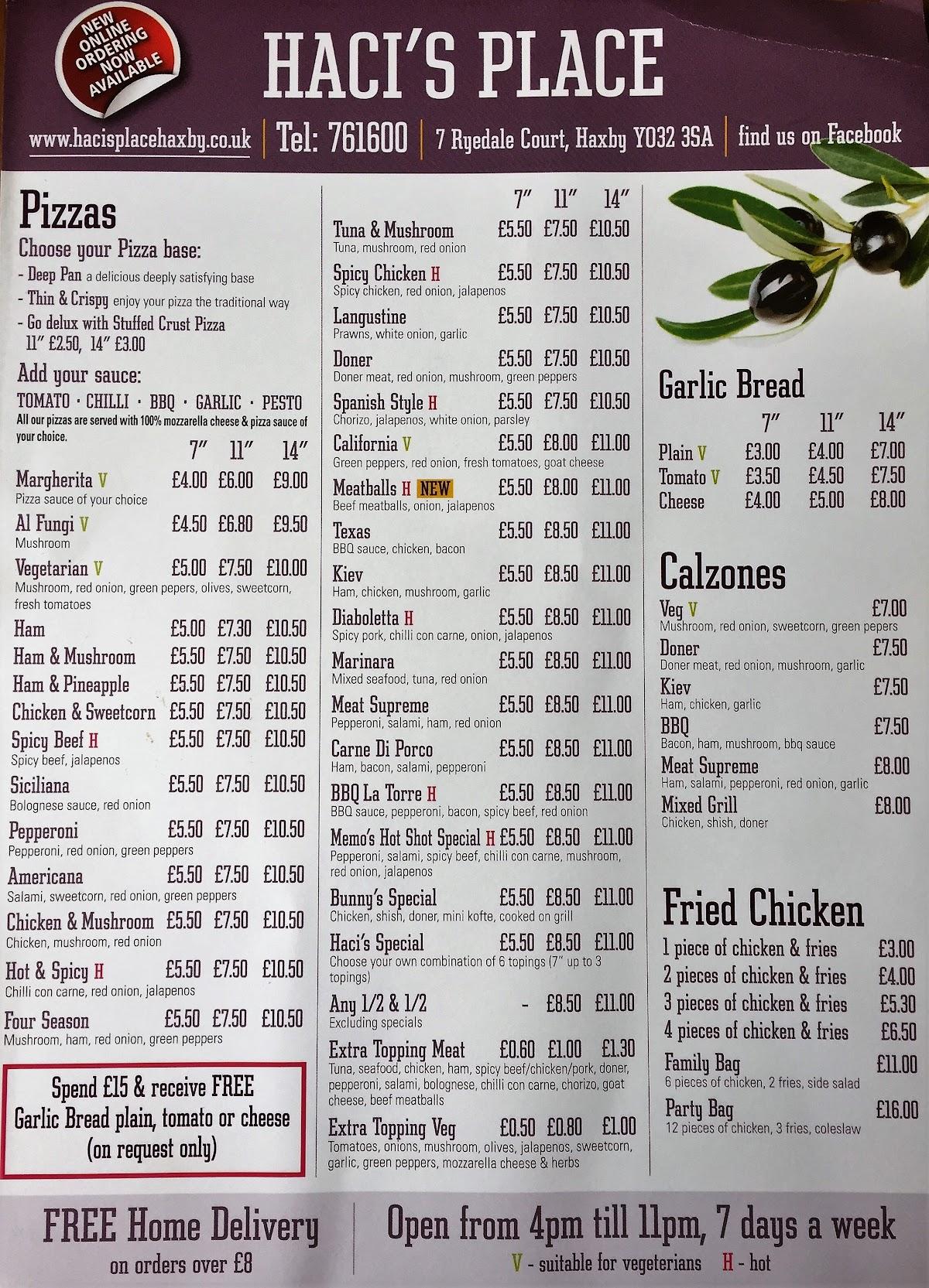 Menu at Haci's Place pizzeria, Haxby