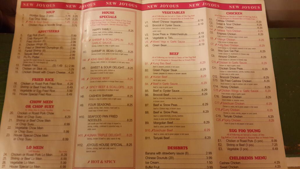 Menu at Joyous Chinese Restaurant, Marshall