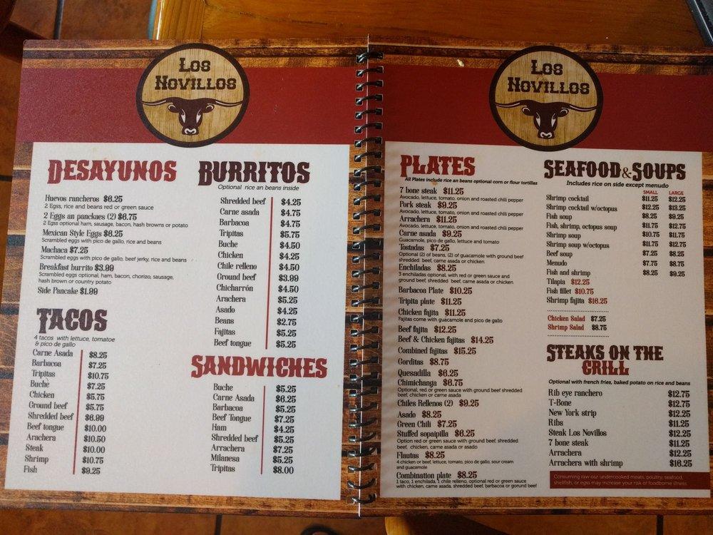 Menu at Los Novillos restaurant, Roswell