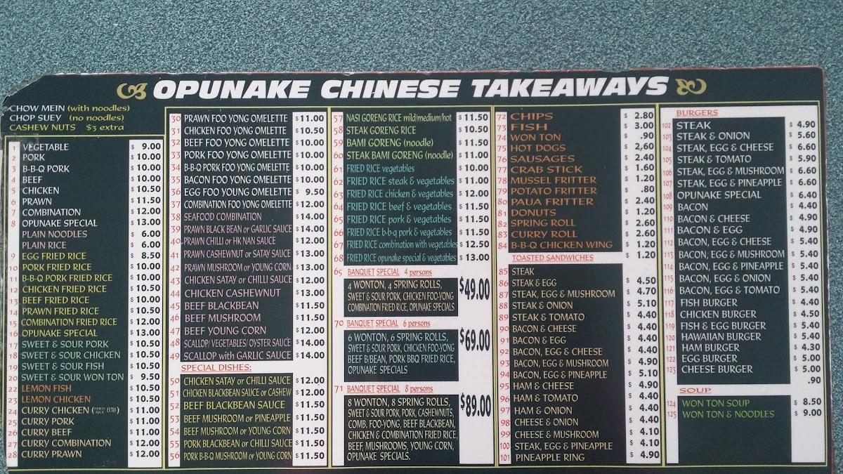 Menu at Opunake Chinese Takeaways restaurant, Opunake