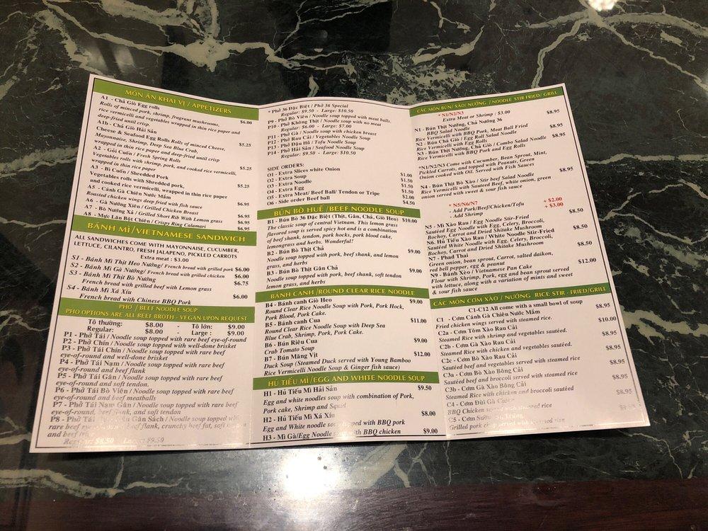 Menu at Pho 36 restaurant, Everett