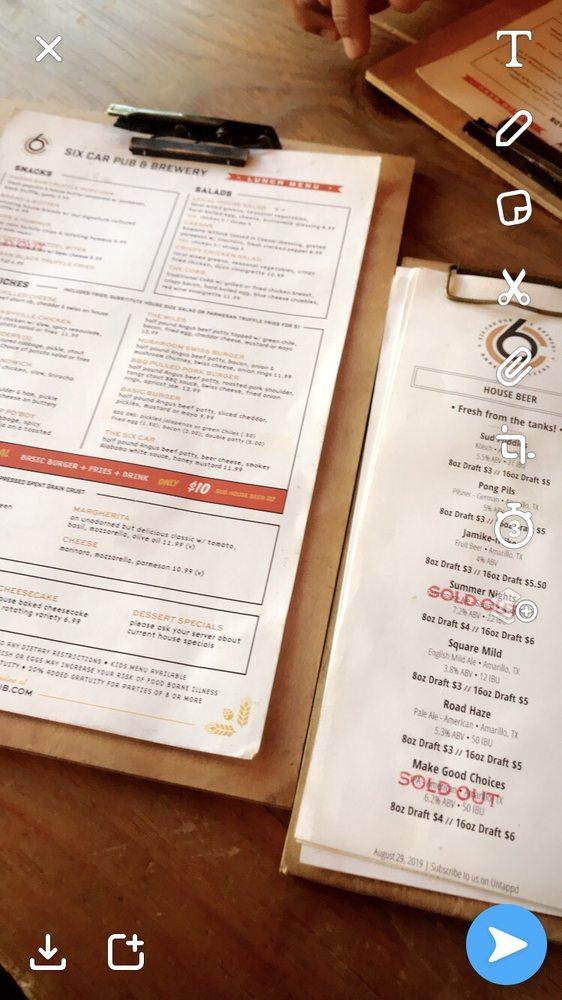 Menu at Six Car Pub & Brewery, Amarillo