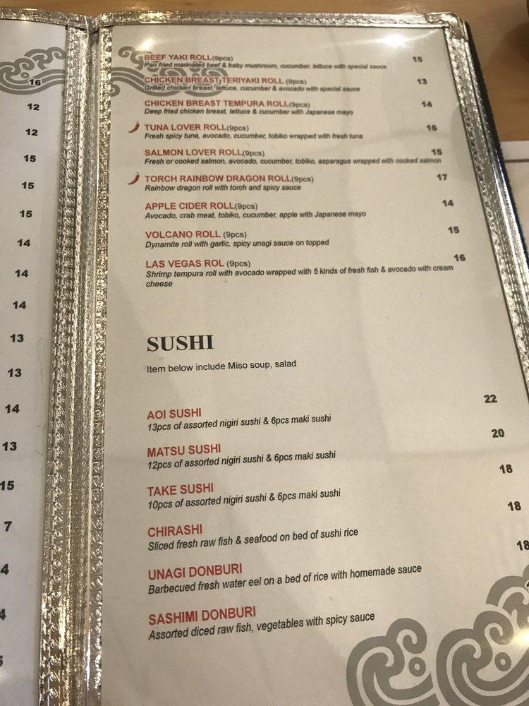 Menu at Sushi Aoi restaurant, Richmond Hill