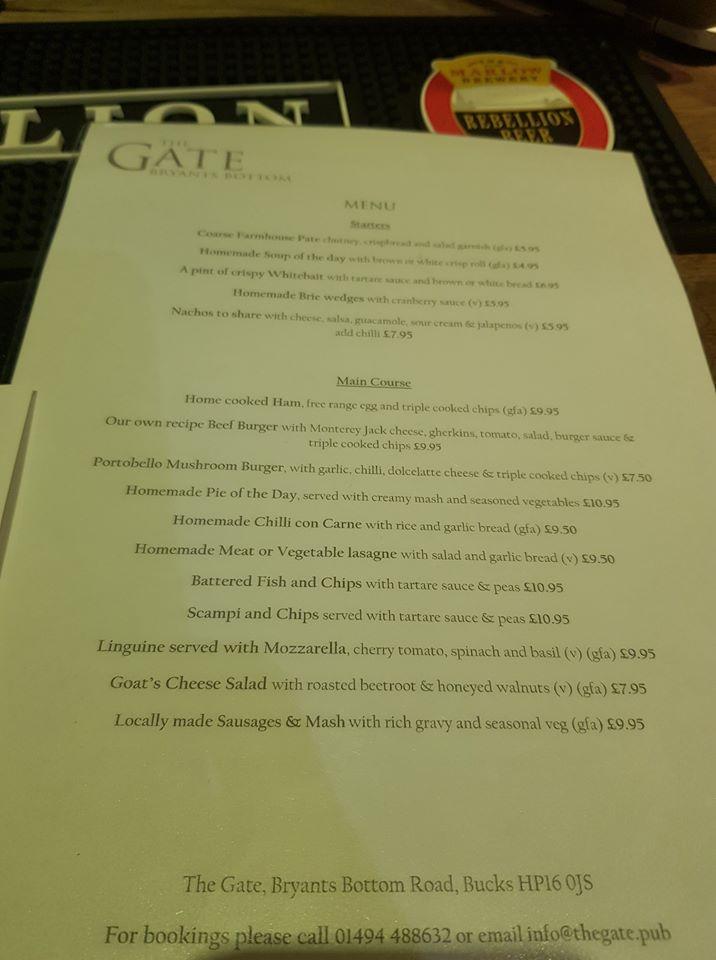 Menu at The Gate Pub, Prestwood, Bryants Bottom Rd