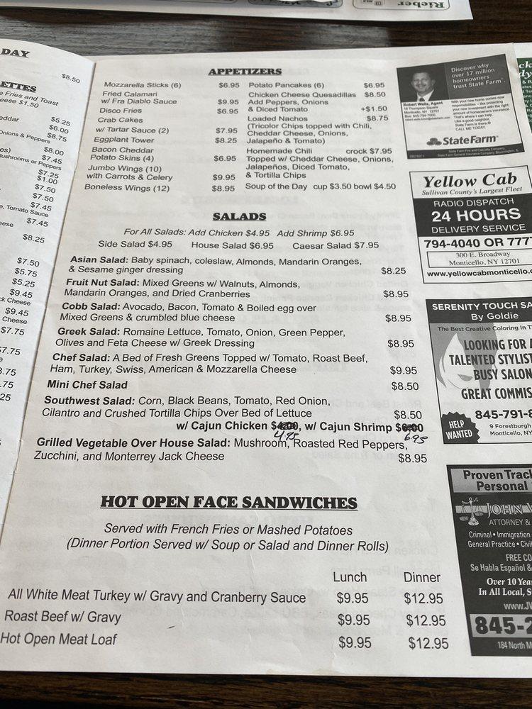 Menu at Tilly's Diner restaurant, Monticello