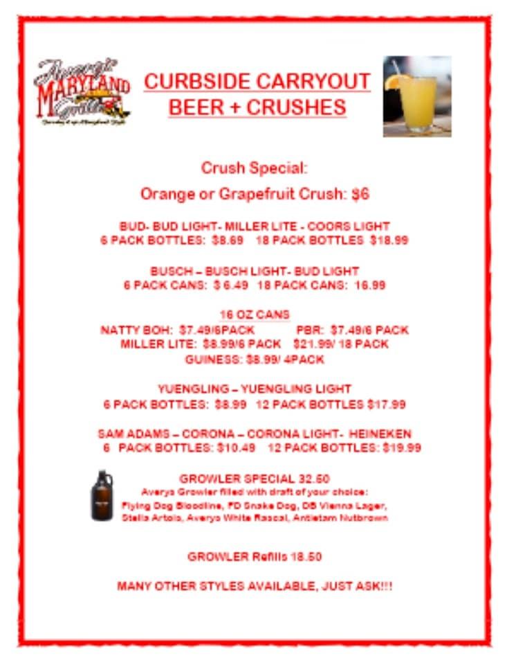 Menu at Avery's Maryland Grille pub & bar, Frederick