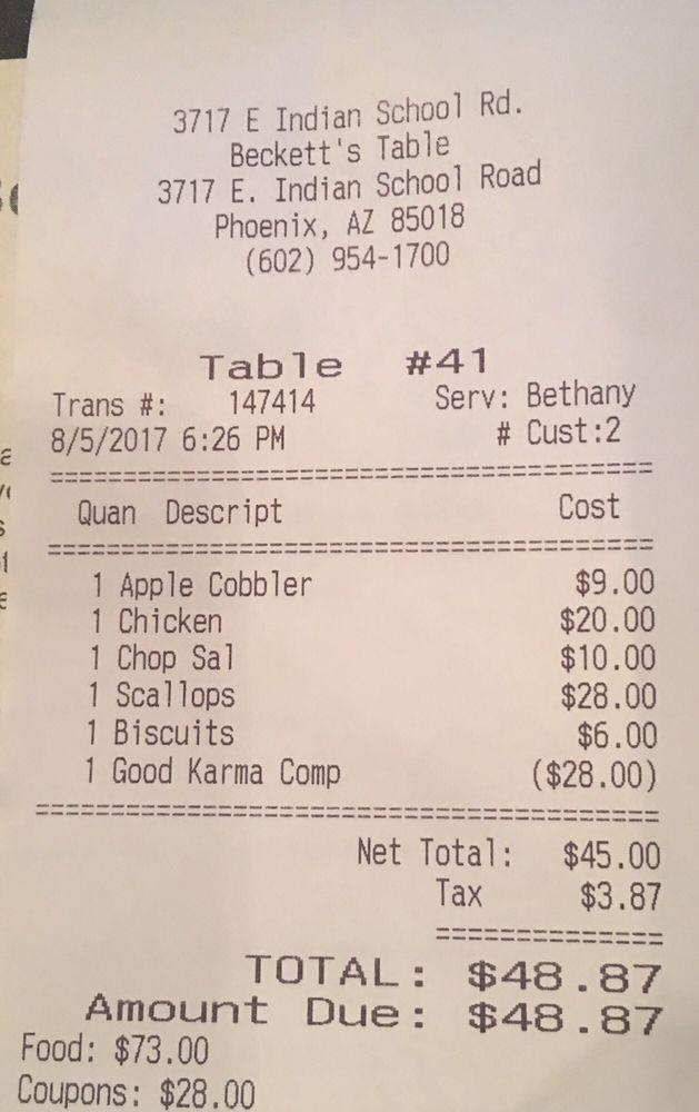 Menu at Beckett's Table restaurant, Phoenix