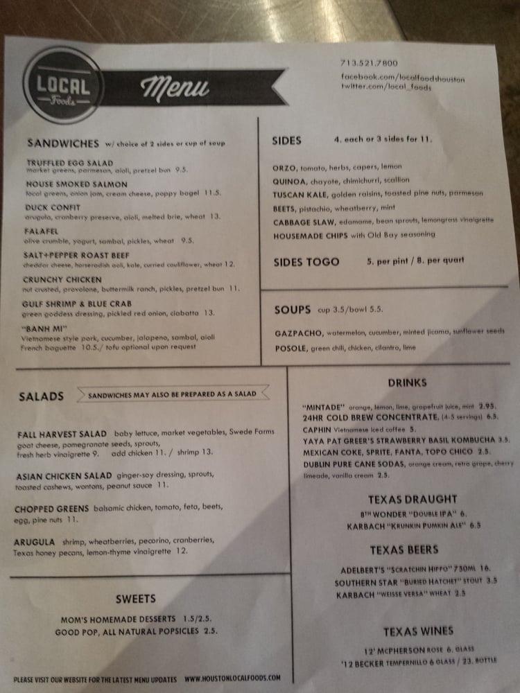 Menu at Local Foods - Rice Village restaurant, Houston