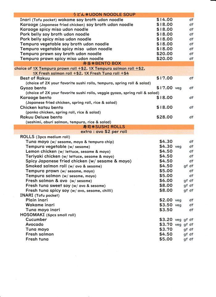 Menu at Rakuu restaurant, Ballina