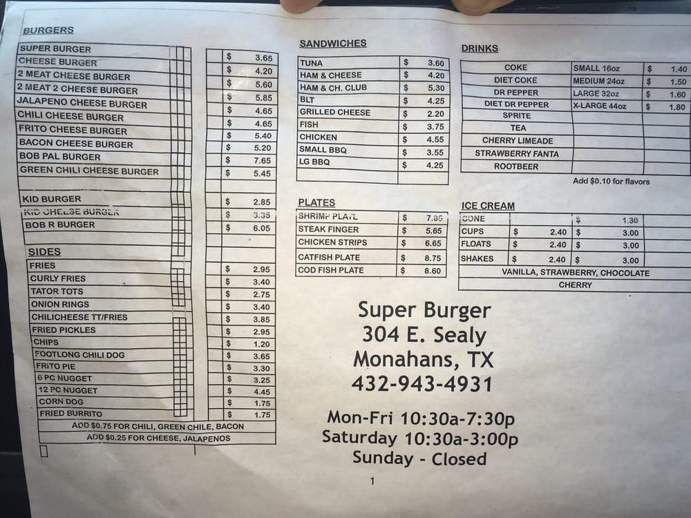 Menu at Super Burger restaurant, Monahans, 304 E Sealy Ave