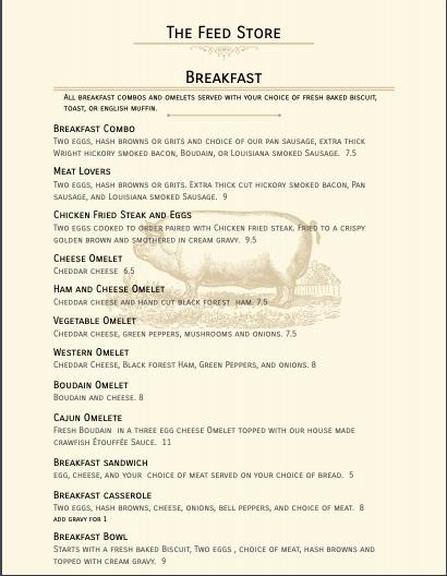 Menu at The Feed Store restaurant, Port Neches
