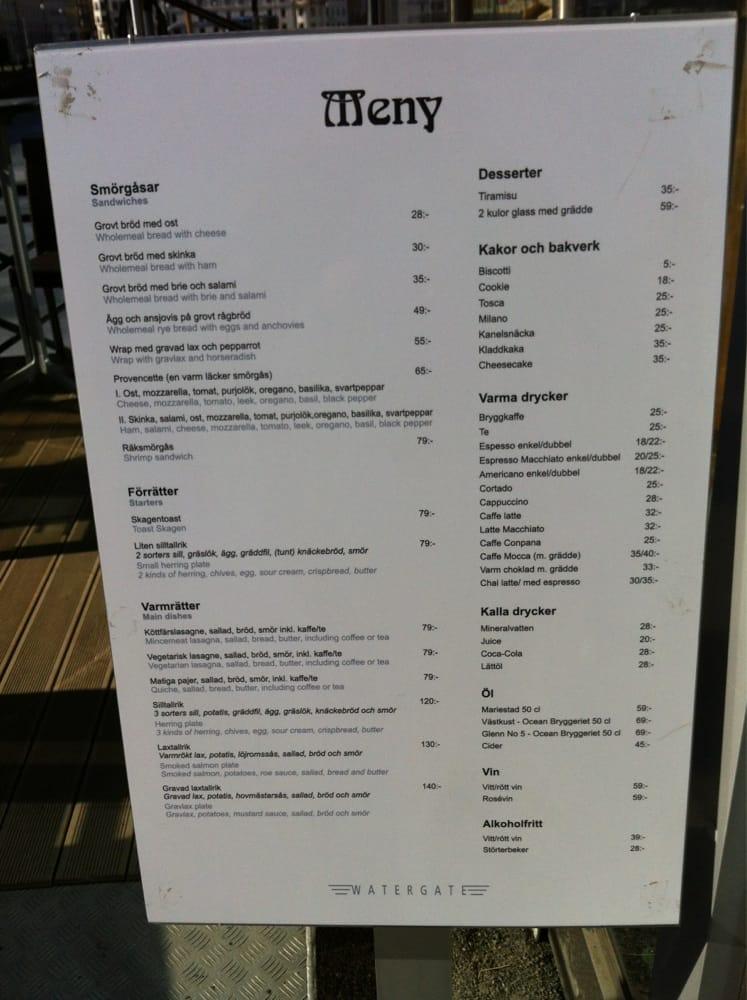 Menu at Watergate Café Och Bar, Gothenburg