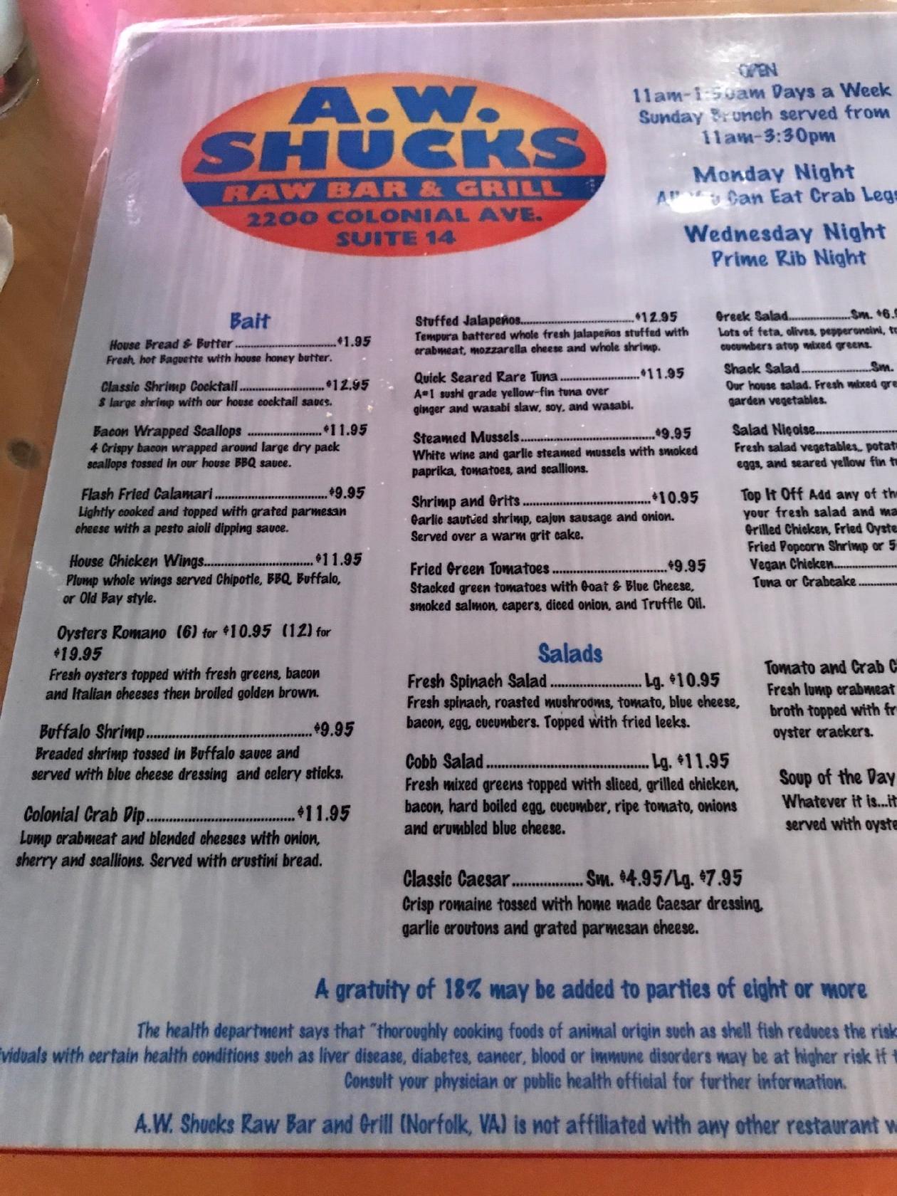 Menu at A W Shucks Raw Bar & Grill, Norfolk