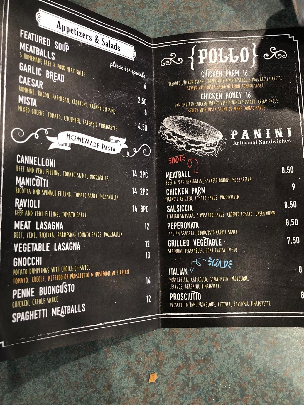 Menu at Bella's Boys restaurant, Ottawa