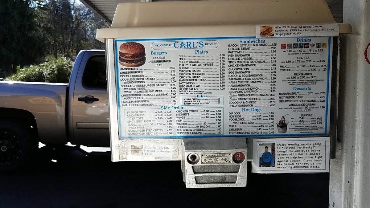 Menu at Carl's Drive In restaurant, Loudon, E Lee Hwy