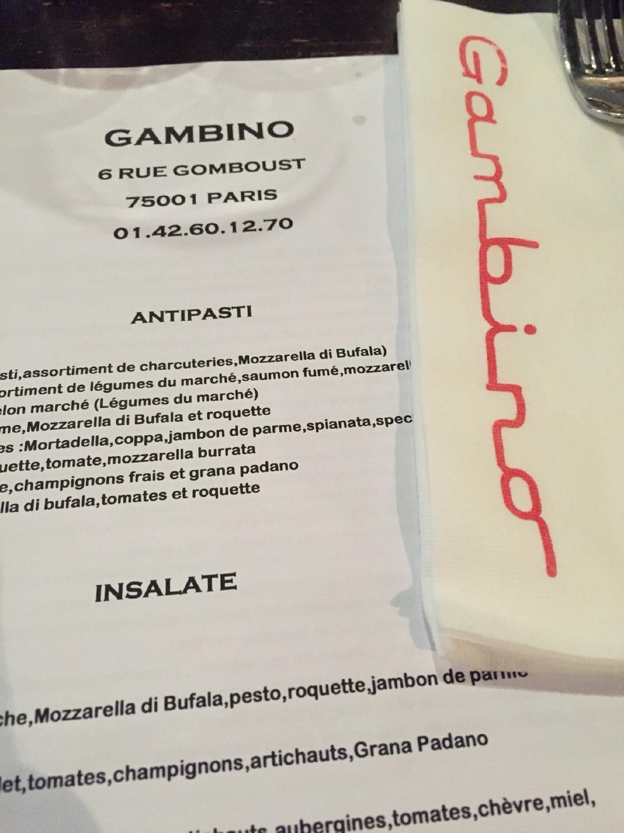 Menu at Gambino restaurant, Paris