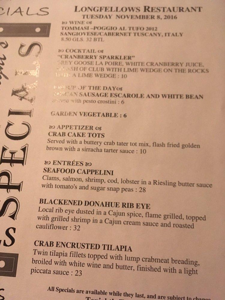 Menu at Longfellows Restaurant, Saratoga Springs