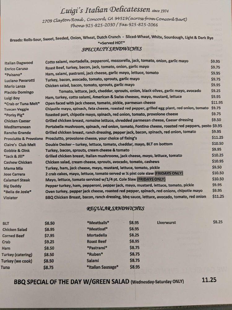 Menu at Luigi's Italian Delicatessen restaurant, Concord