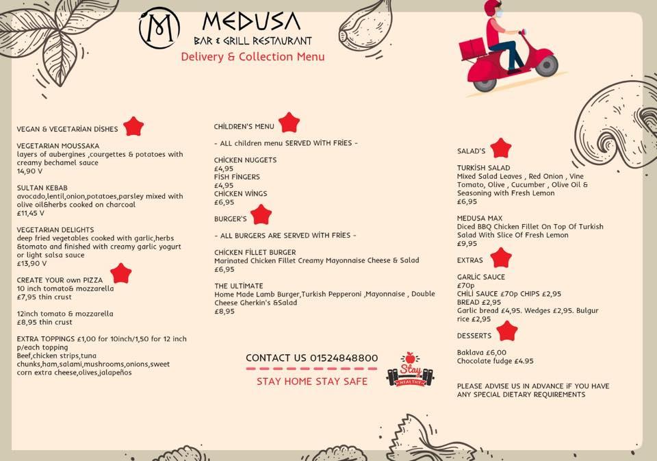 Carta del restaurante Medusa, Lancaster