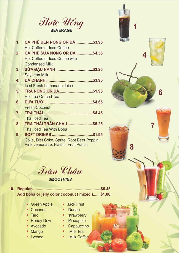Menu at Pho Tan restaurant, Winter Haven