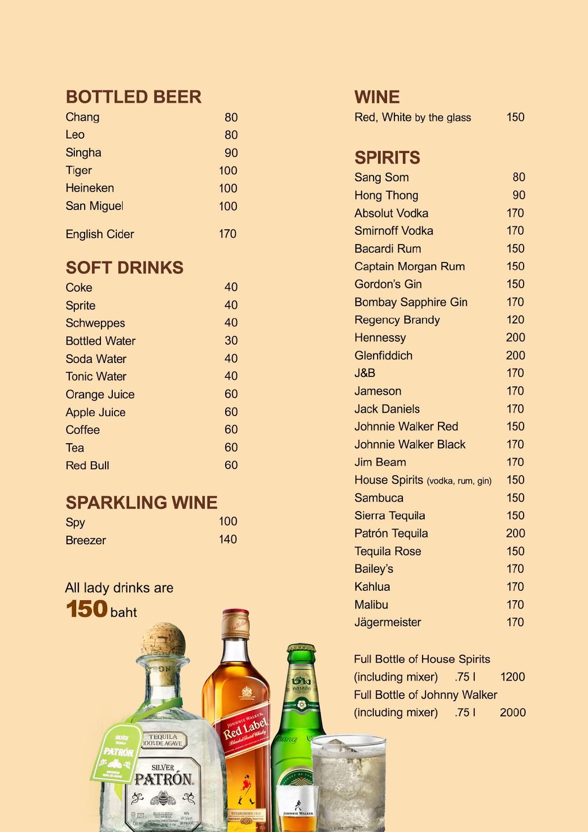 Menu at Princess Bar, Koh Chang Tai