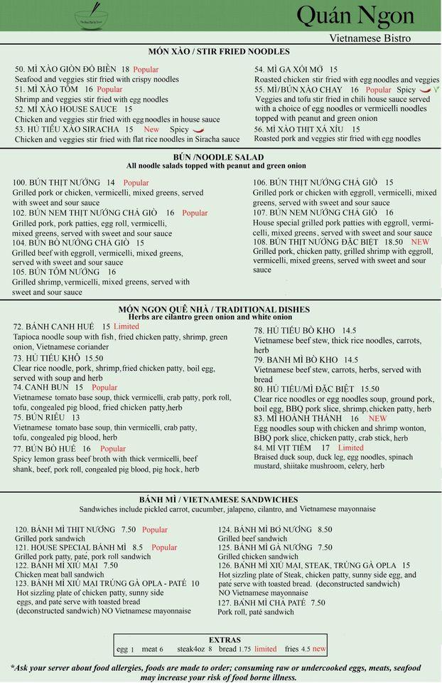 Menu at Quán Ngon Vietnamese Bistro restaurant, Madison Heights ...