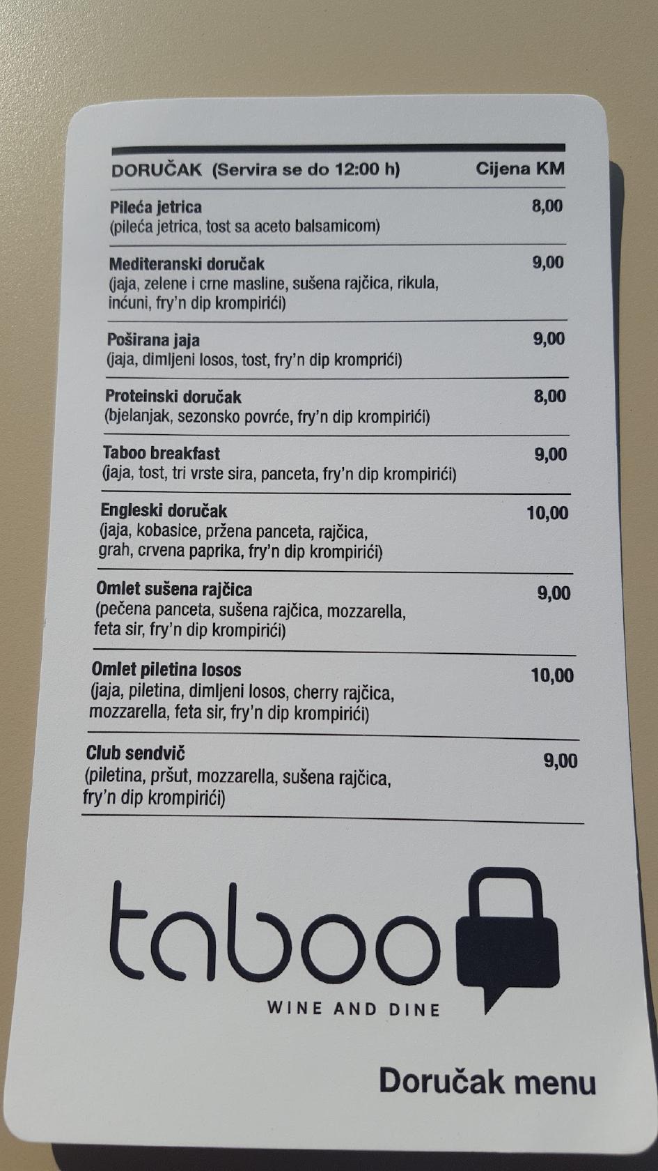 Menu at TABOO Bar Restaurant, Mostar