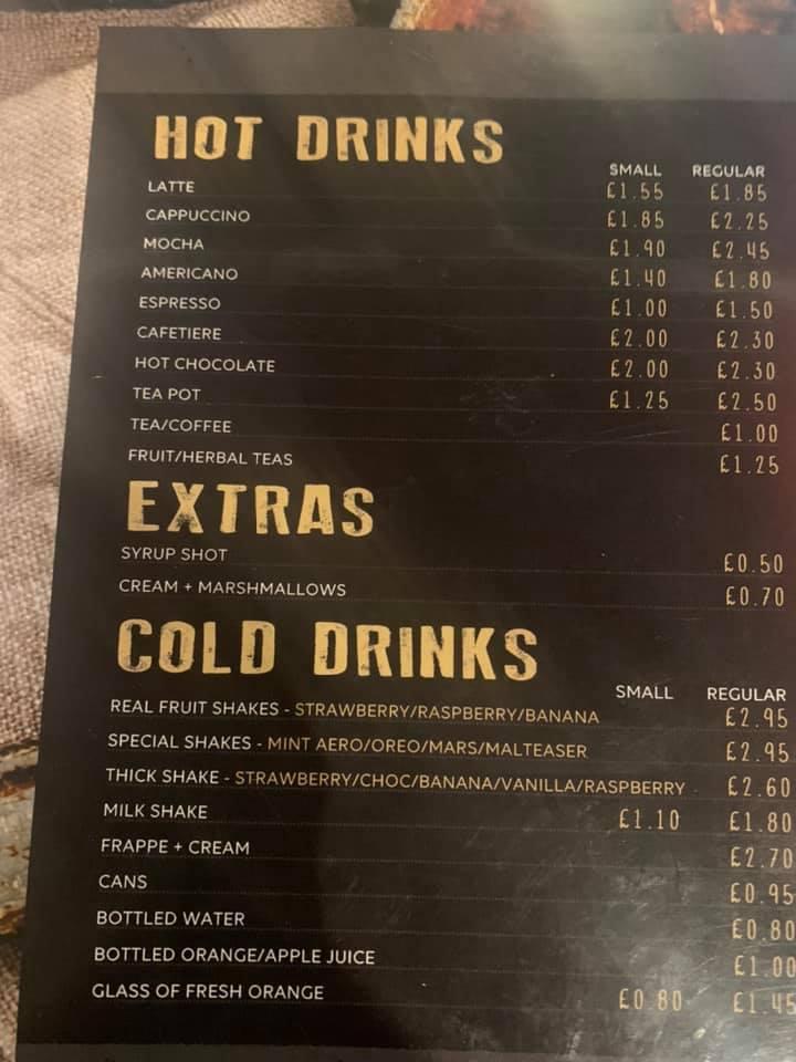 Menu at Arcade cafe, Colne