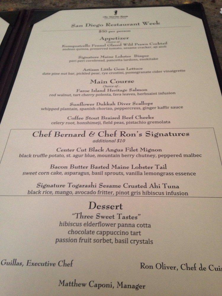 Menu at The Marine Room restaurant, San Diego, Spindrift Dr