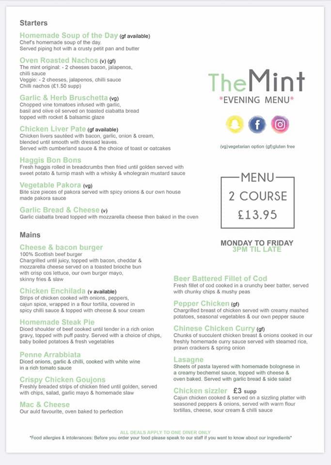 Menu at The Mint pub & bar, Coatbridge