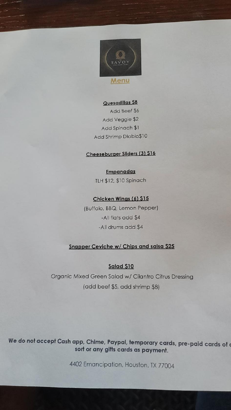 Menu at The Savoy pub & bar, Houston