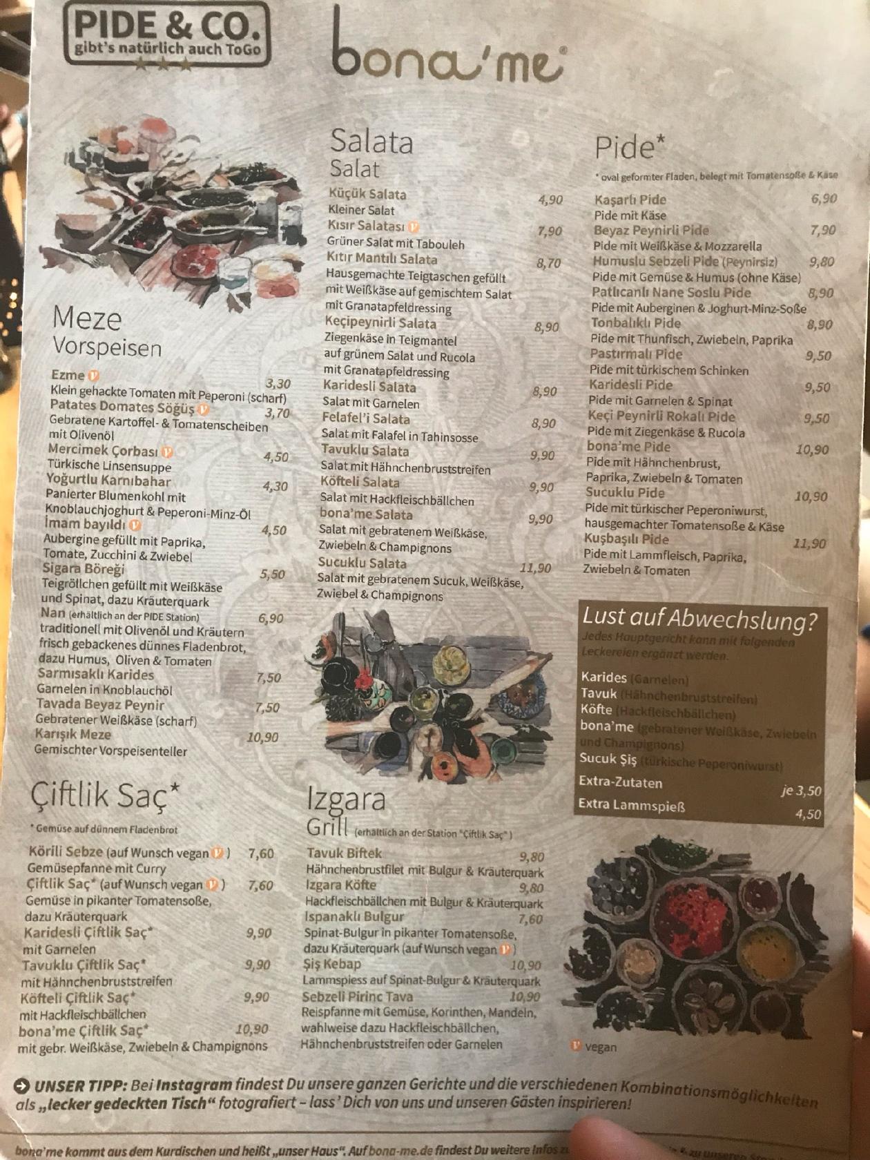 Menu at bona'me restaurant, Hamburg