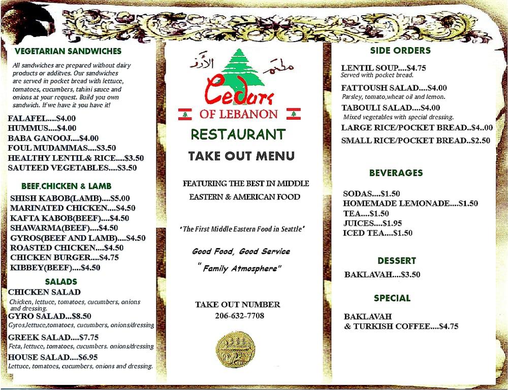 Menu at Cedars of Lebanon restaurant, Seattle, NE 43rd St