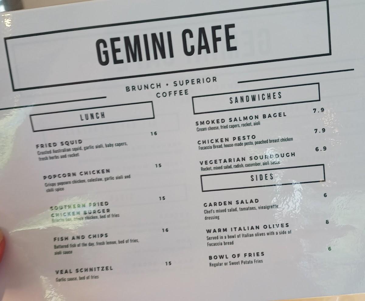 Menu at Gemini restaurant, Phillip