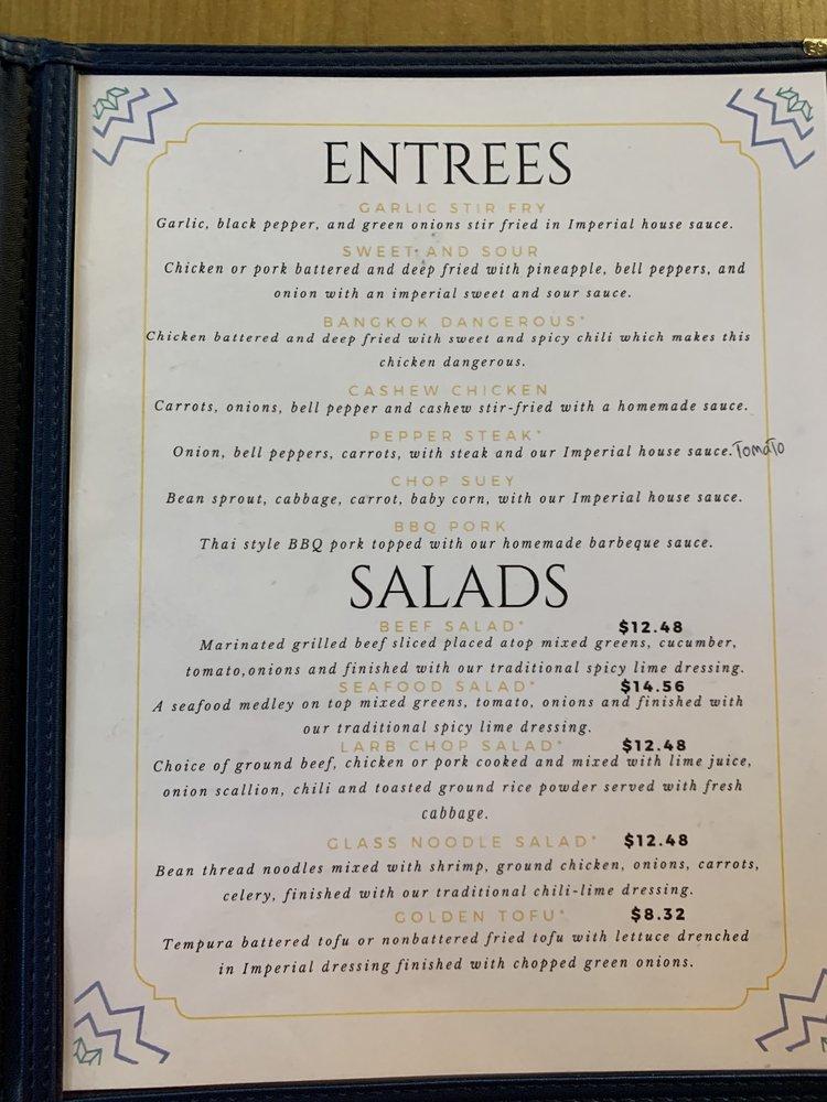 Menu at Imperial Thai Cuisine restaurant, Billings