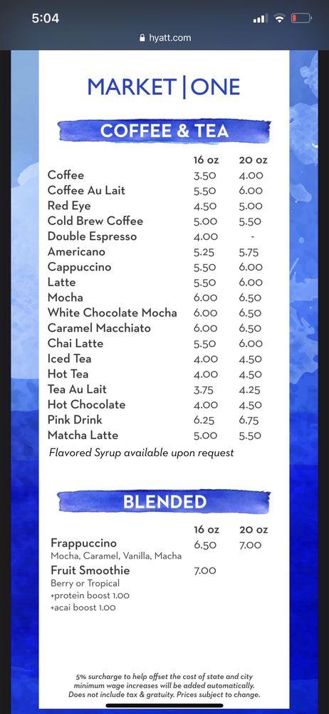 Menu at Market One cafe, San Diego