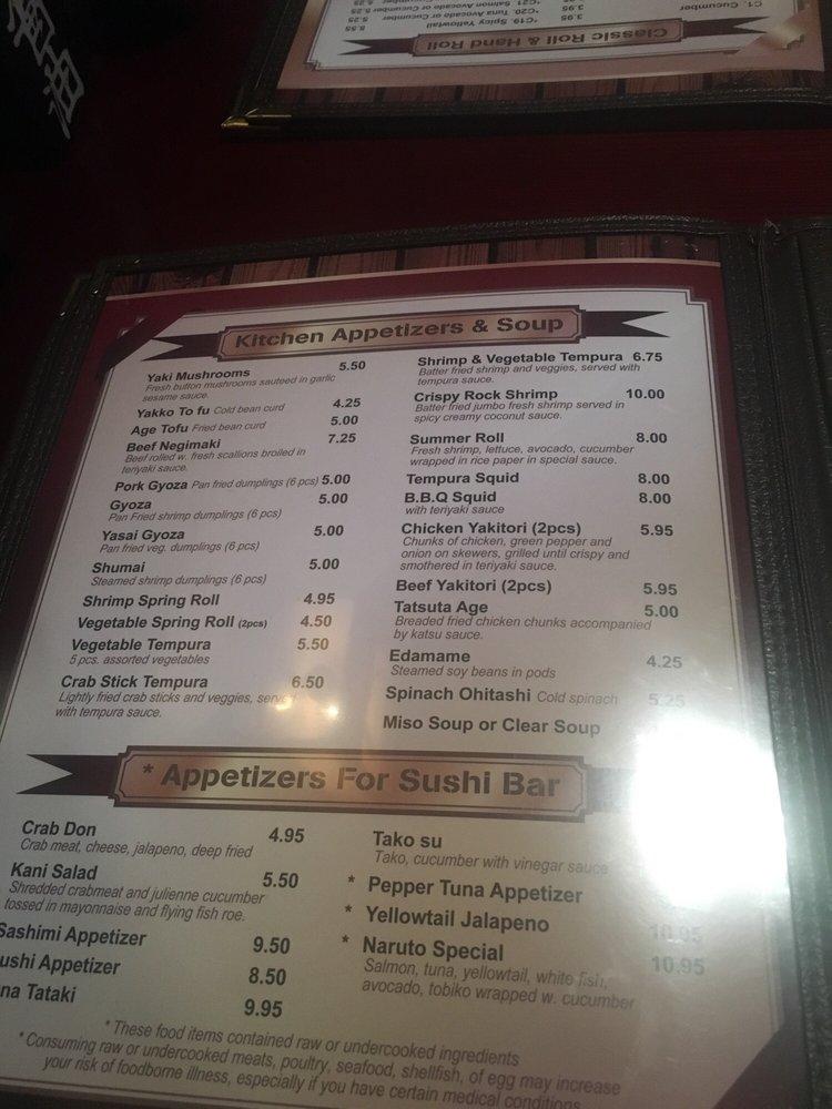 Menu at Miyabi Sushi restaurant, Richmond