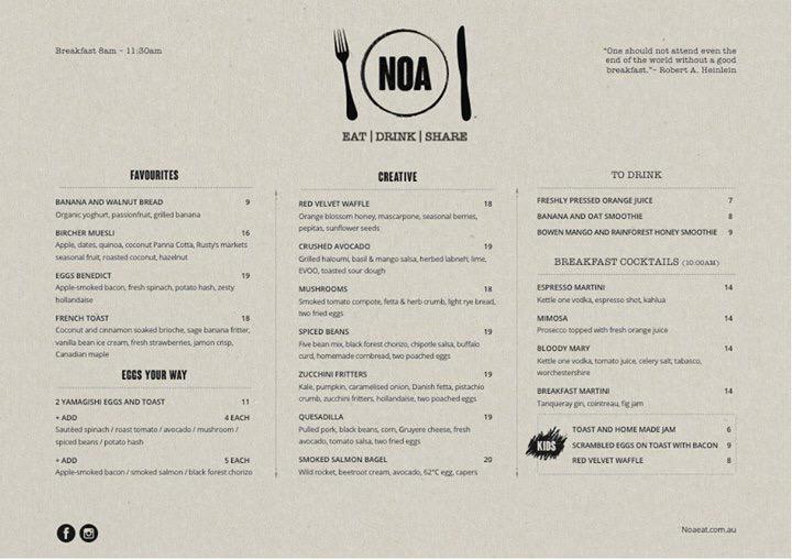 Menu at NOA Eat Drink Share pub & bar, Edge Hill