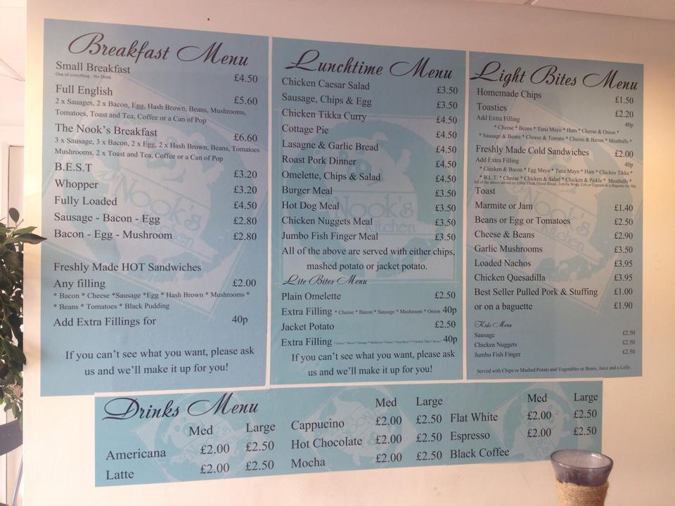 Menu at The Nook Swan Island cafe, Burntwood