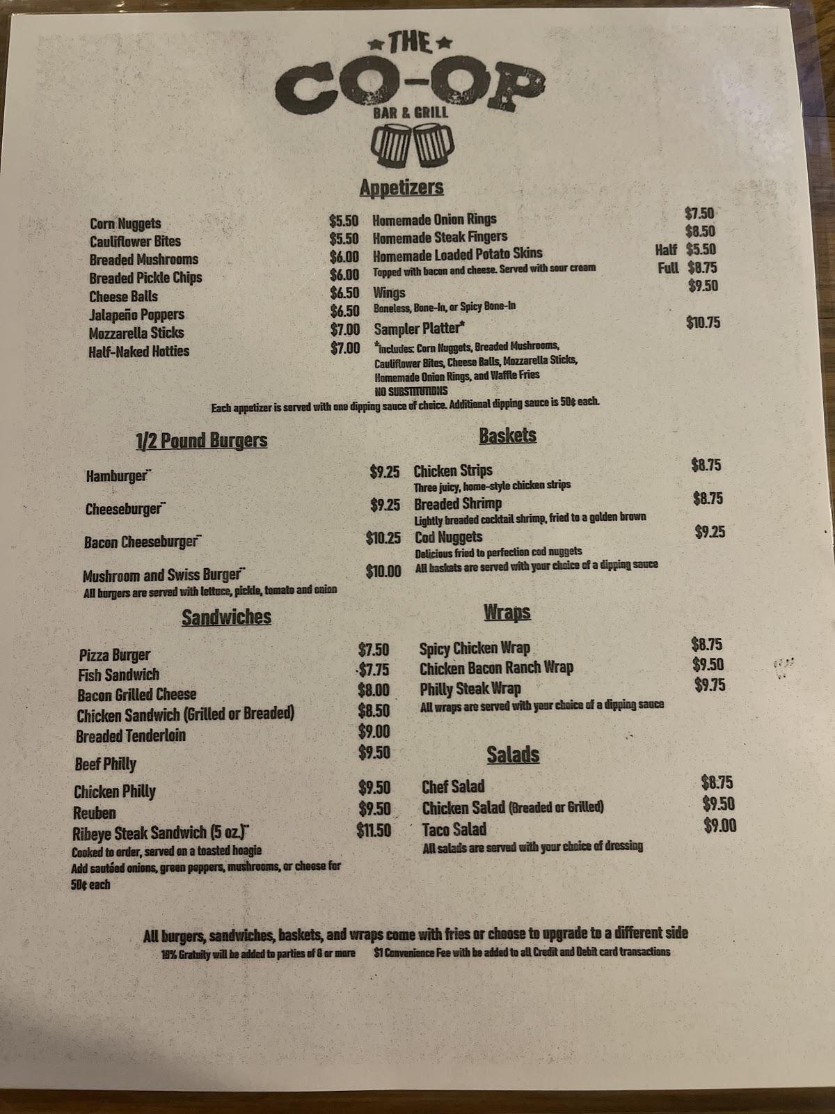 Menu at The CO-OP Bar and Grill, Pomeroy